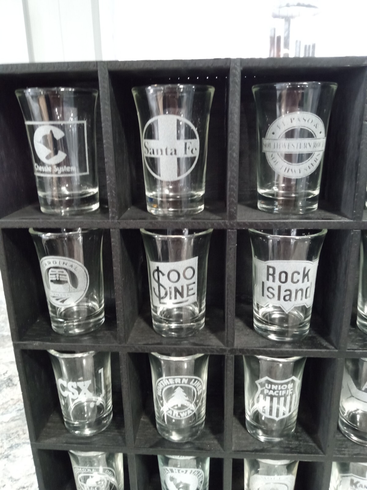 30 Etched Glass Railroad Shot Glasses With Display Case BNSF CP UP NS ...