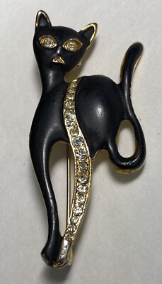 Vintage Matte Black Enamel Gold Tone & Rhinestone Cat Eyes Kitten ...