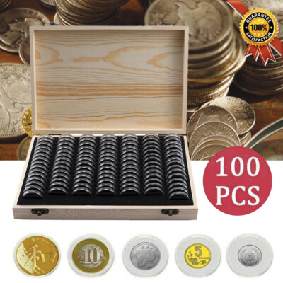 100Pcs Coins Display Storage Box Case Capsules Wooden For Collectible ...