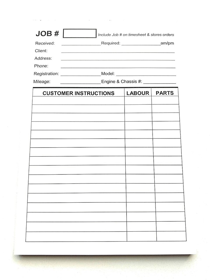 Garage Workshop Repair Job Card Works Cards Job Sheet Pad MOT 50 Cards ...