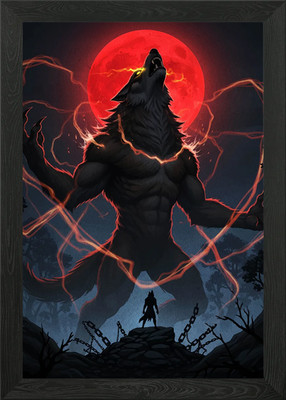 Werewolf Howling at Red Moon Framed Wall Art Poster Canvas Print ...