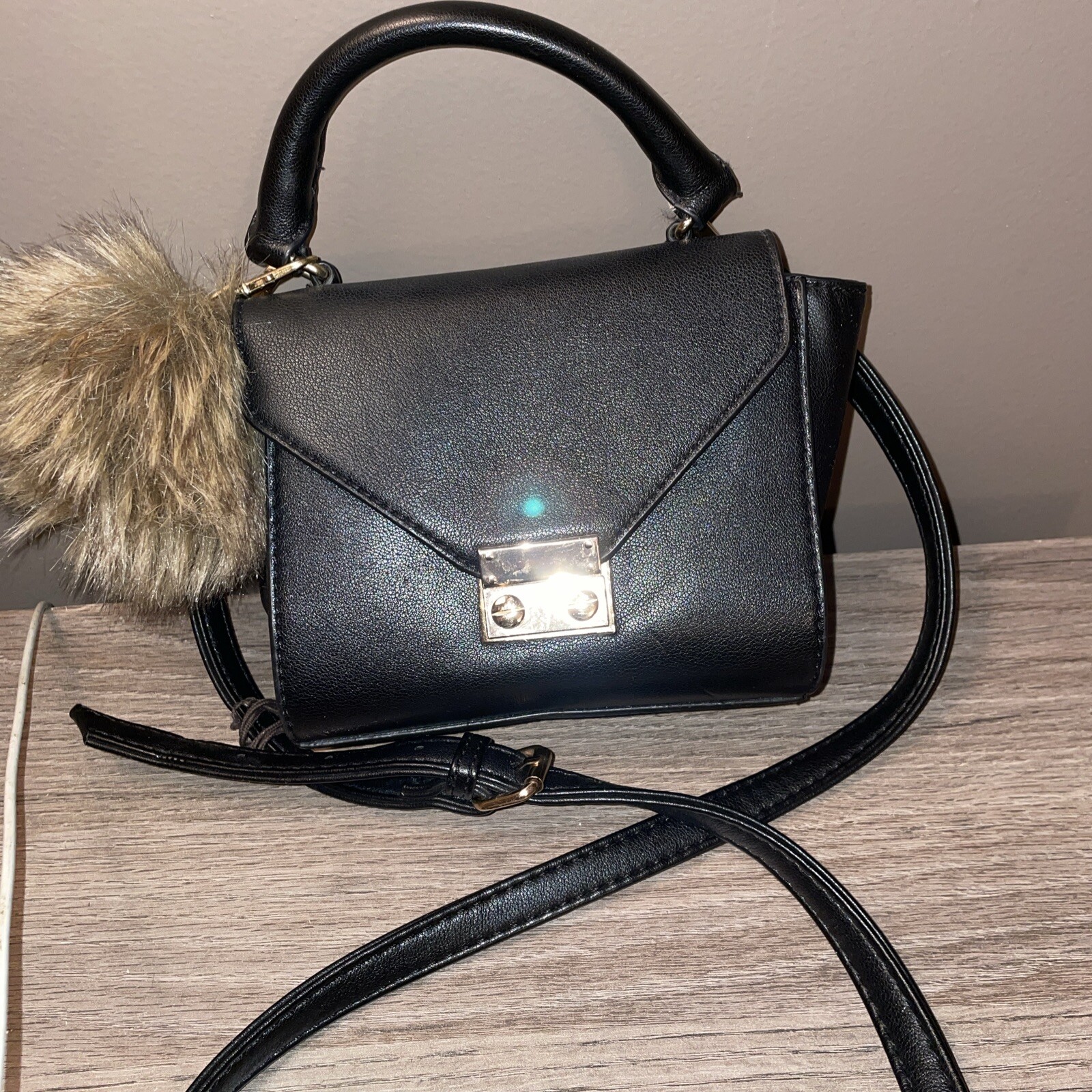 forever 21 Small Black Purse With Faux Fur Pom Pom 6.5x6.5x3.5” | eBay