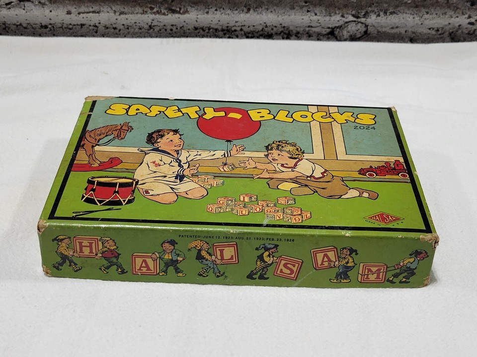 Antique 1920s Childrens Safety Blocks Wood Halsam Toy Original Box ...
