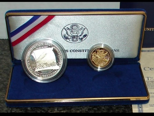 1987 U.S. Mint Constitution Coins Proof Set Silver Dollar & Gold Five ...