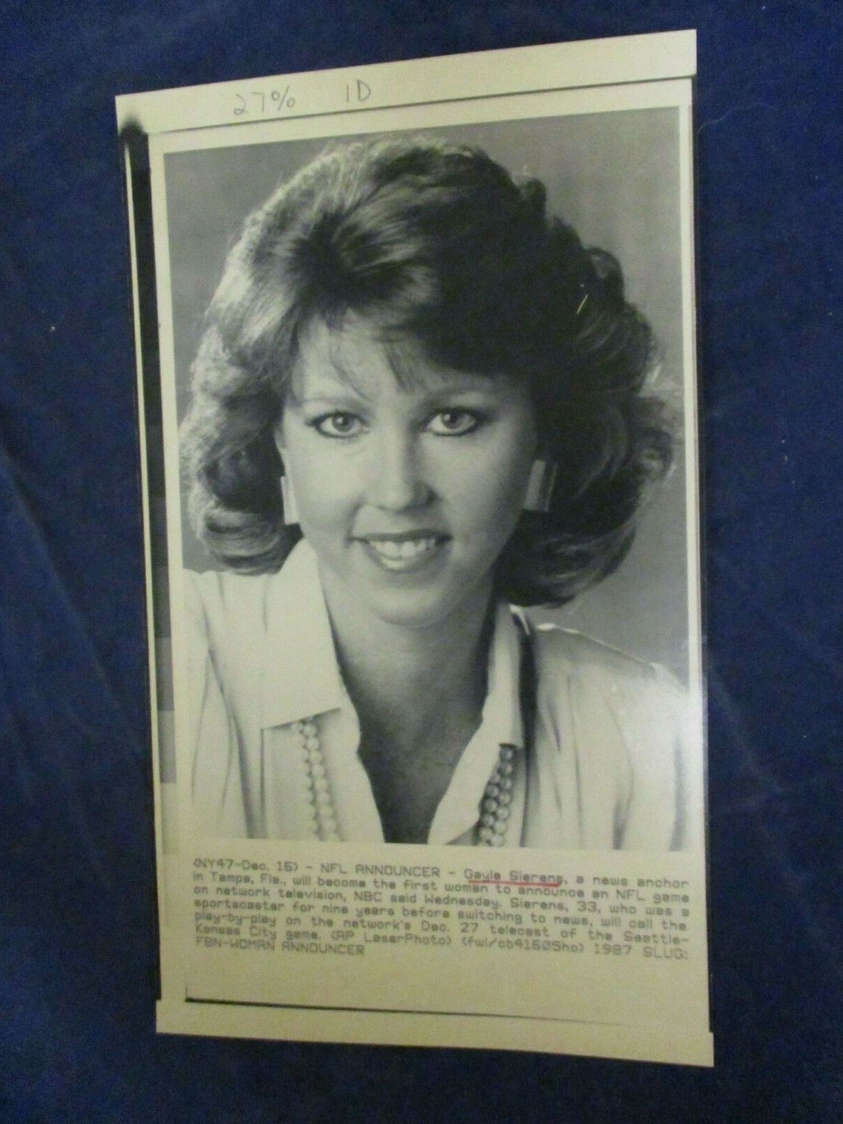 1987 Gayle Sierens of Tampa FL NFL NBC TB caster Vintage Wire Press ...