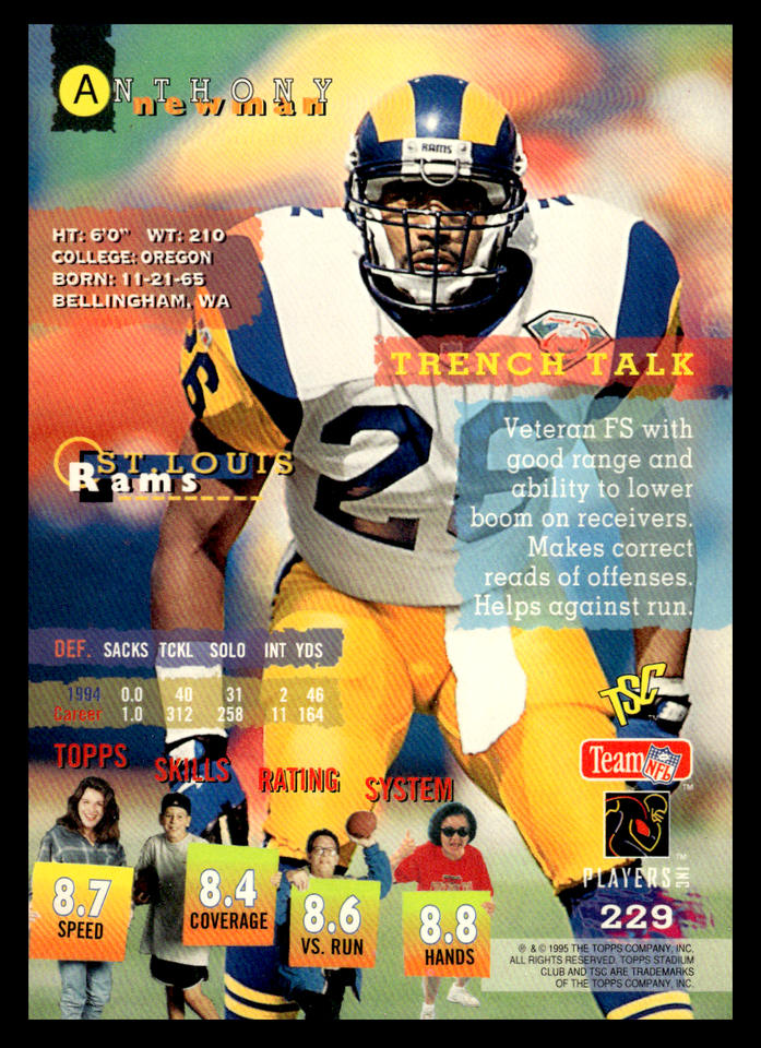 1995 Topps Stadium Club Anthony Newman #229 St. Louis Rams NFL Football ...