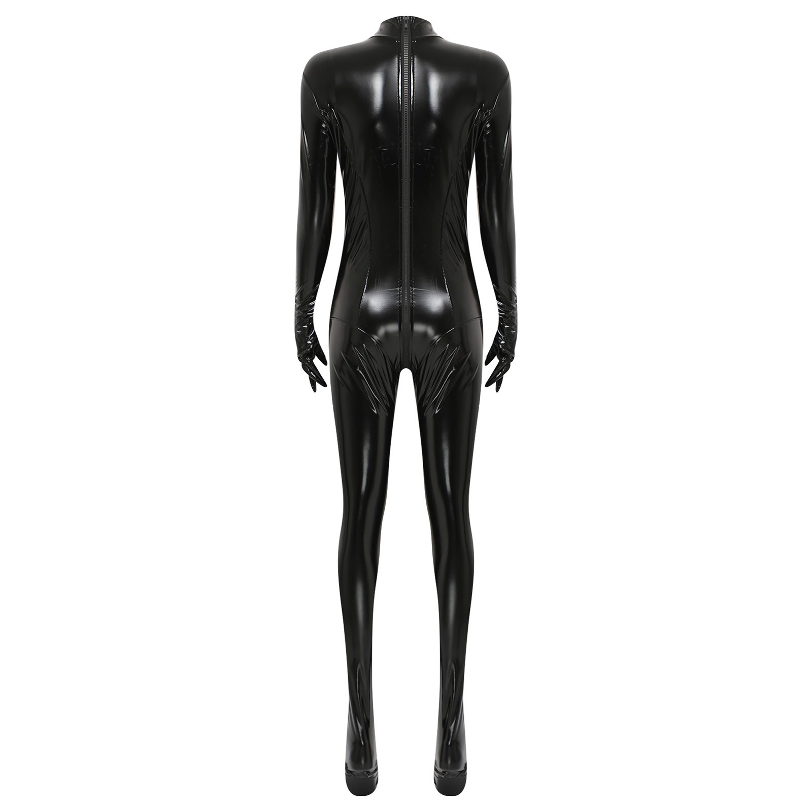 Women Faux Leather Unitard Gloved Sleeve Footed Zipper Open Crotch ...