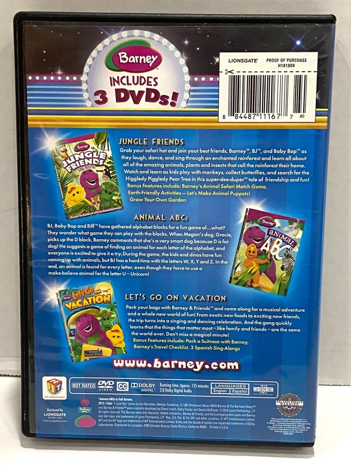 Barney Movie Pack: Jungle Friends, Lets Go on Vacation, & Animal ABCs 3 ...