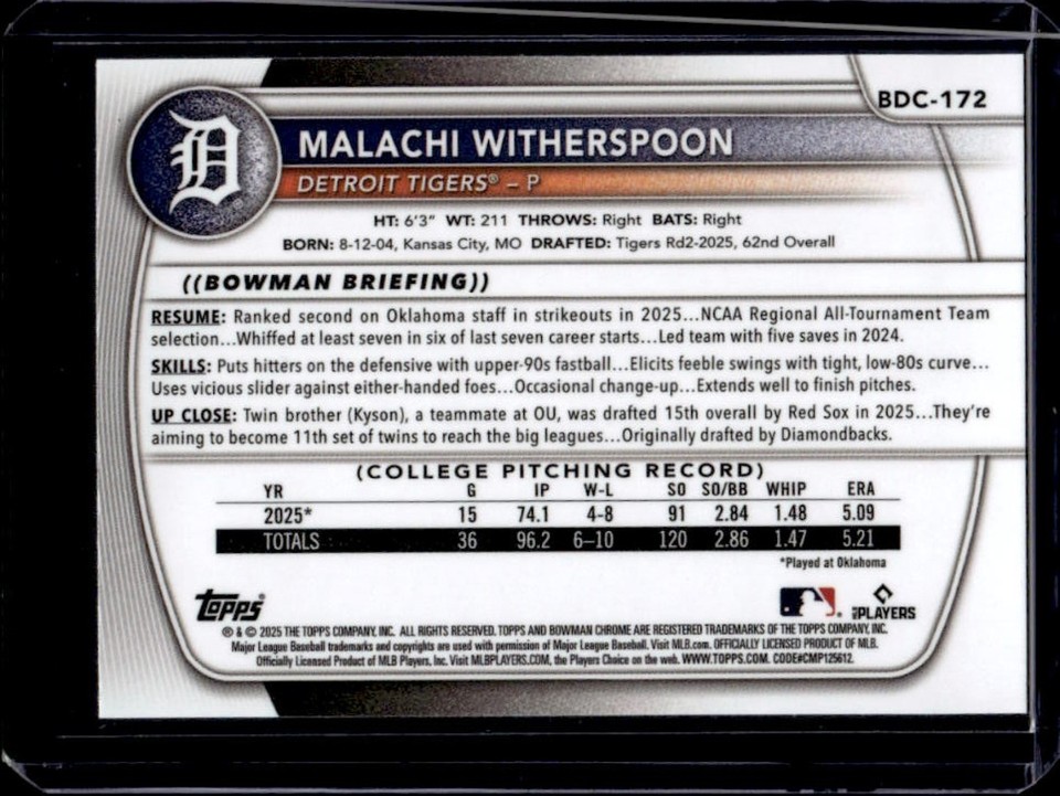 2025 Bowman Draft Malachi Witherspoon Chrome Blue Geometric Refractor ...