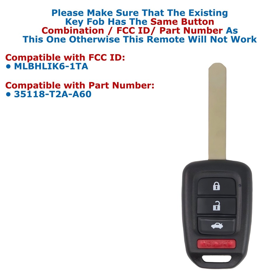 2x New Remote Key Fob Replacement For Honda Accord and Civic 35118-T2A ...