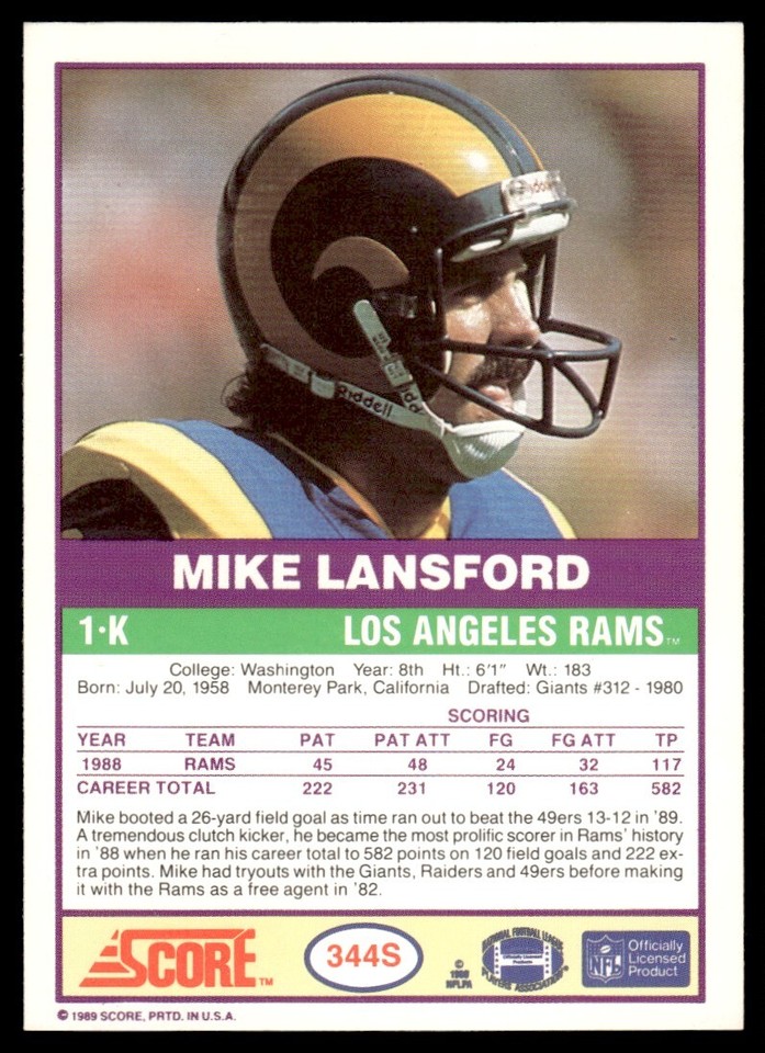 1989 Score Supplemental Mike Lansford Los Angeles Rams #344S | eBay