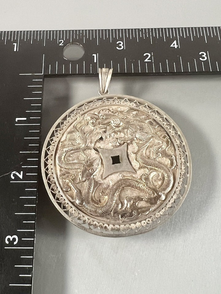 Signed Antique 900 Silver Large Filigree Chinese Double Dragon ...