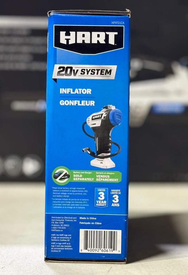 NEW HART 20-Volt Cordless Inflator Air Pump with 20-inch Hose- Tool ...