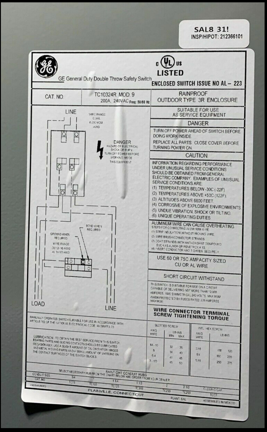 GE 200 AMP MANUAL EMERGENCY POWER TRANSFER SWITCH 240V DOUBLE THROW ...