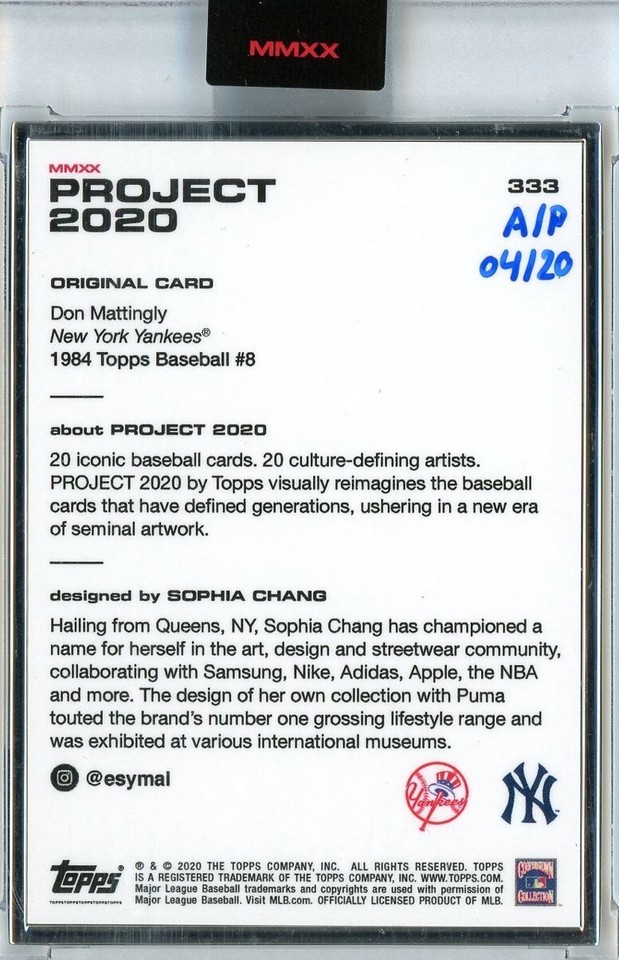 TOPPS PROJECT 2020 DON MATTINGLY BY CHANG ARTIST PROOF AP 4/20 Silver ...