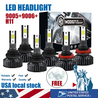 6X 2-Side 9005+9006+H11 LED Headlight Fog Light Kit Combo High/Low Beam ...