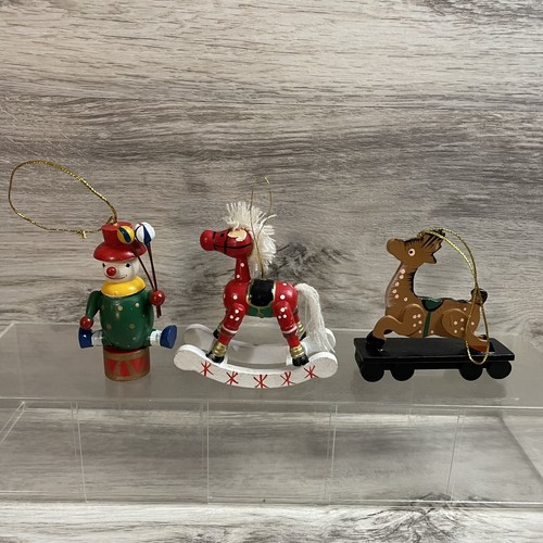 Vintage Wooden Christmas Ornament Lot 3 Rocking Horse Clown Deer On ...