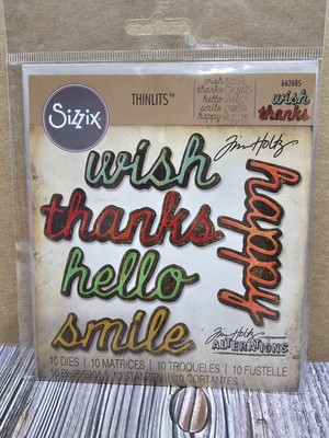 Sizzix Thinlits Tim Holtz Shadow Script # 2 662685 WISH THANKS HELLO SMILE HAPPY | eBay