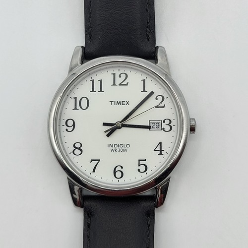 Timex Indiglo Men Watch 35mm Date Indc Silver Tone Black Leather Band ...