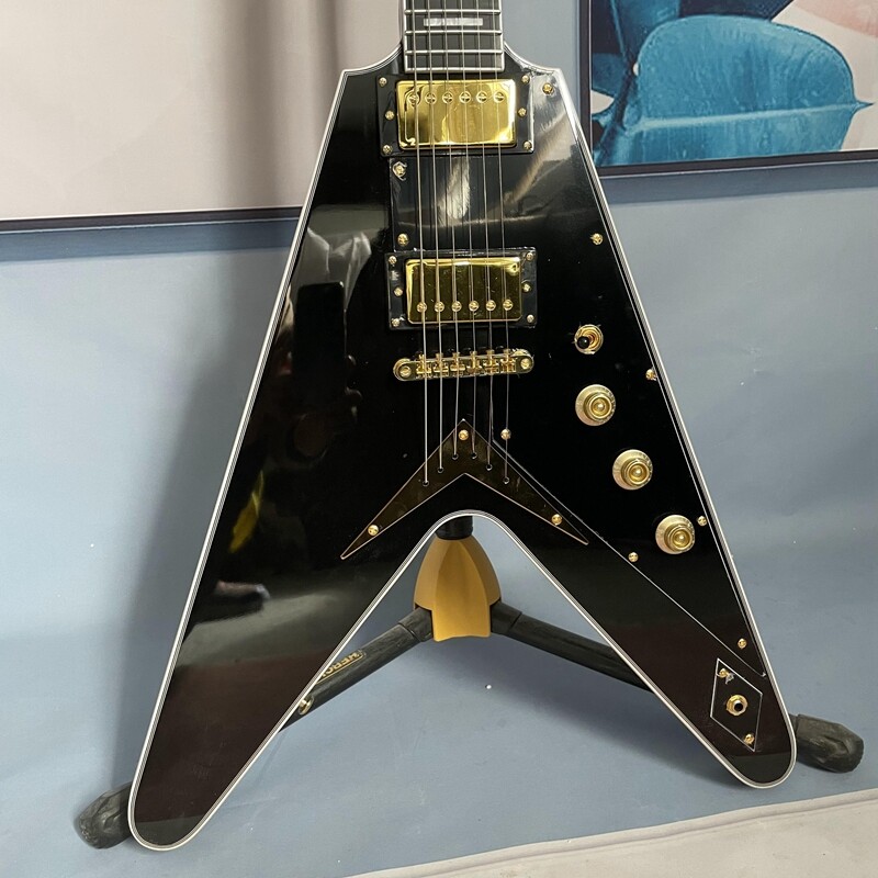 Black Flying V Electric Guitar Solid Body Gold Hardware Mahogany Body ...