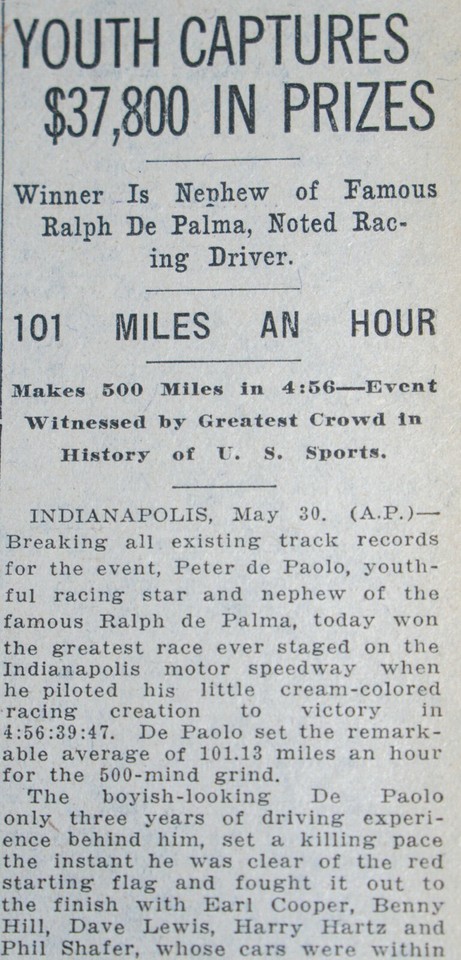 1925 Sports Page - Peter de Paolo Wins Indianapolis 500 Race in Front ...