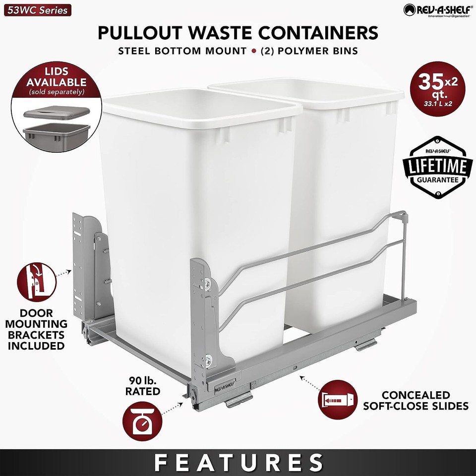 Rev-A-Shelf 53WC-1835SCDM-217 Double 35 Quart Pullout Soft Close Waste ...