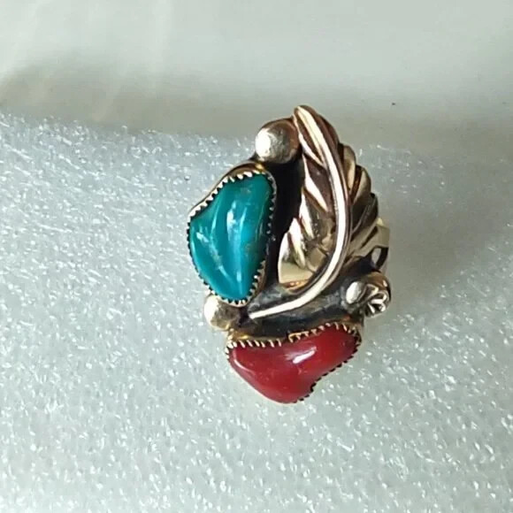 Vintage Ben Eustace Sterling Silver Carved Turquoise, Coral Leaf Ring ...