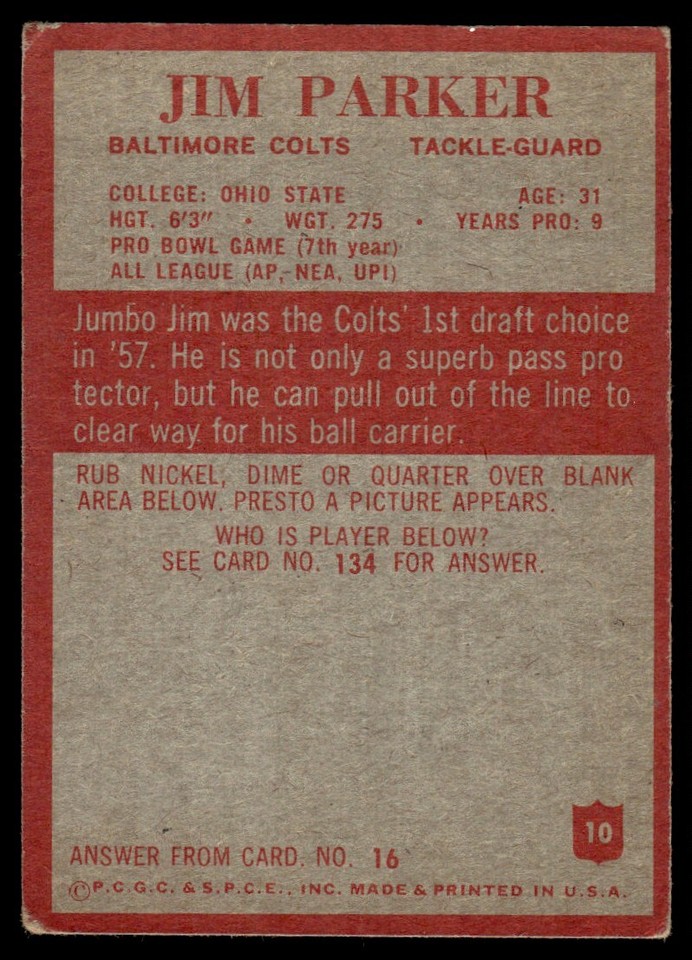 1965 Philadelphia Jim Parker Baltimore Colts #10 | eBay