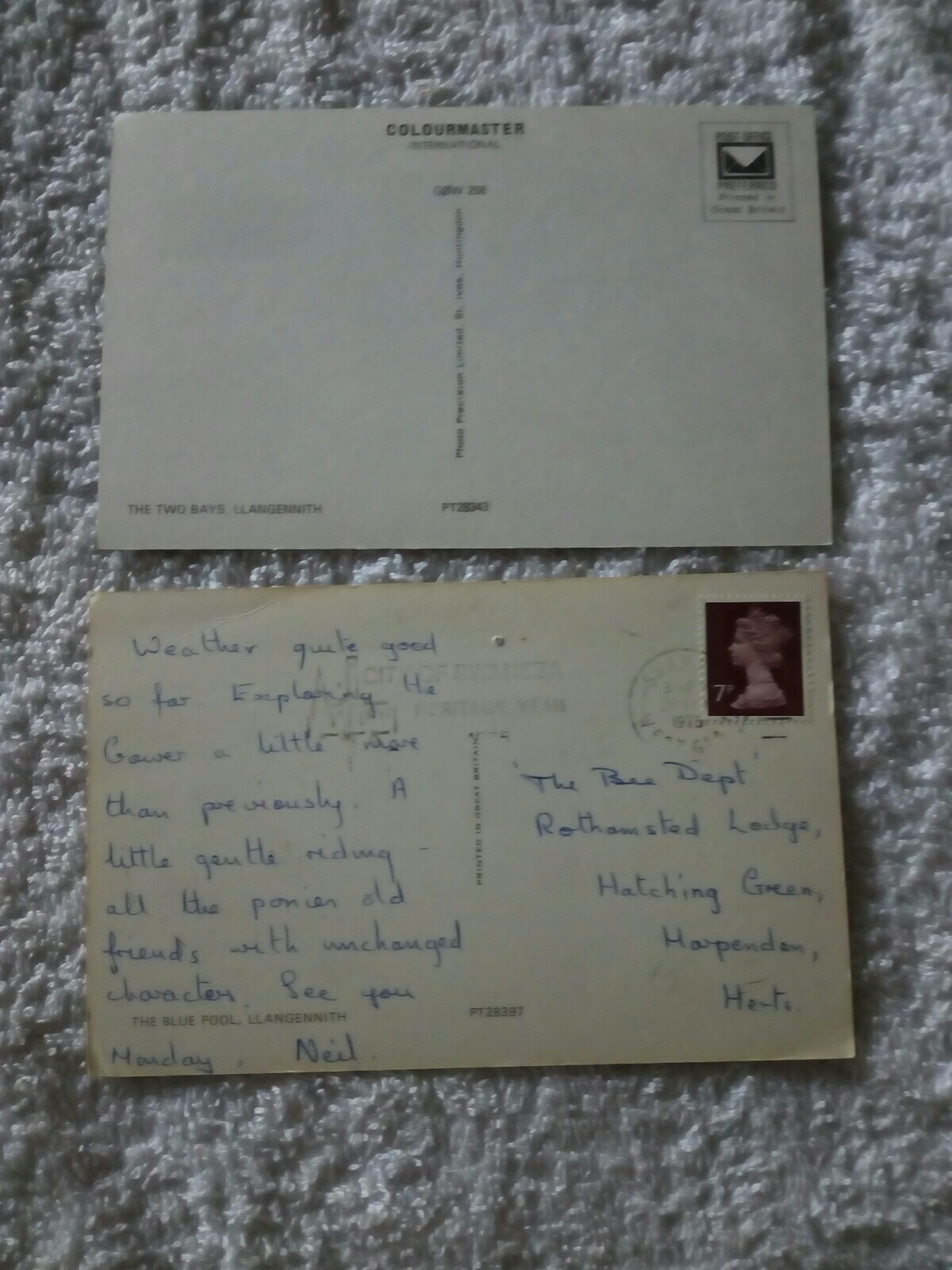 2 CARD;WALES;GLAMORGAN;SWANSEA LLANGENNITH; TWO BAYS; BLUE POOL; ca1970 ...