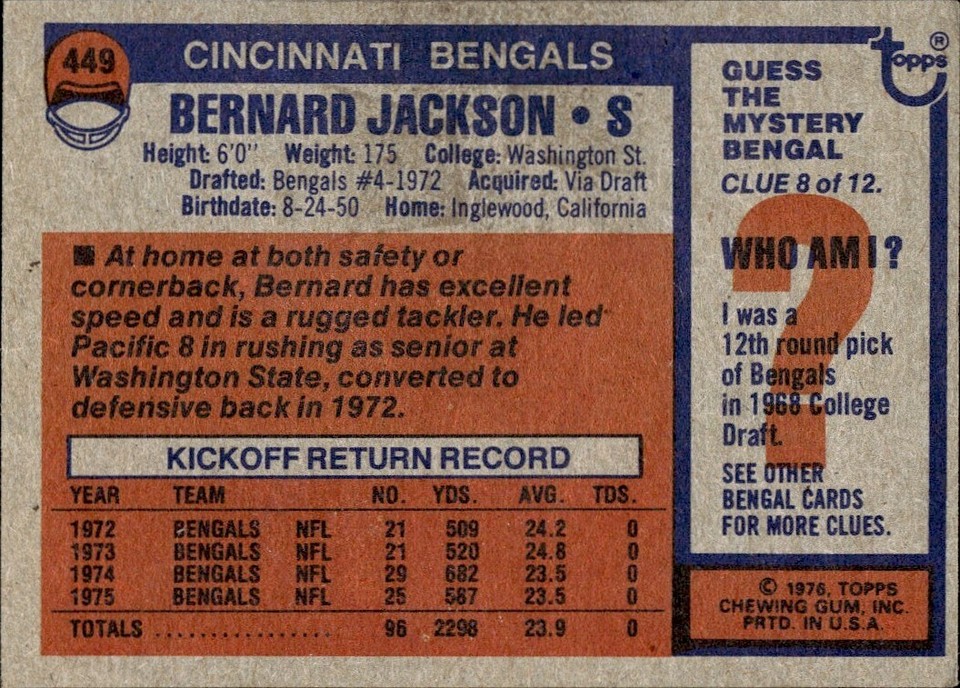 1976 Topps Bernard Jackson Rookie Cincinnati Bengals #449 | eBay