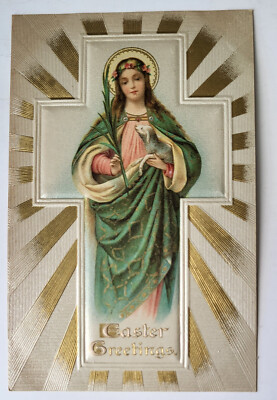 VTG 1910 EASTER PC VIRGIN MARY BAS RELIEF CROSS SURROUND HOLDS* PALM ...