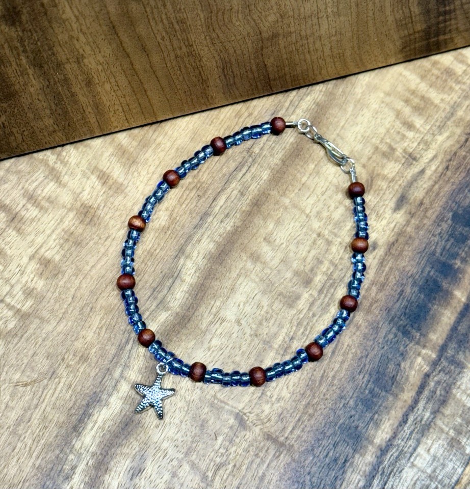 Beach Vibes Glass and Wood Anklet | eBay