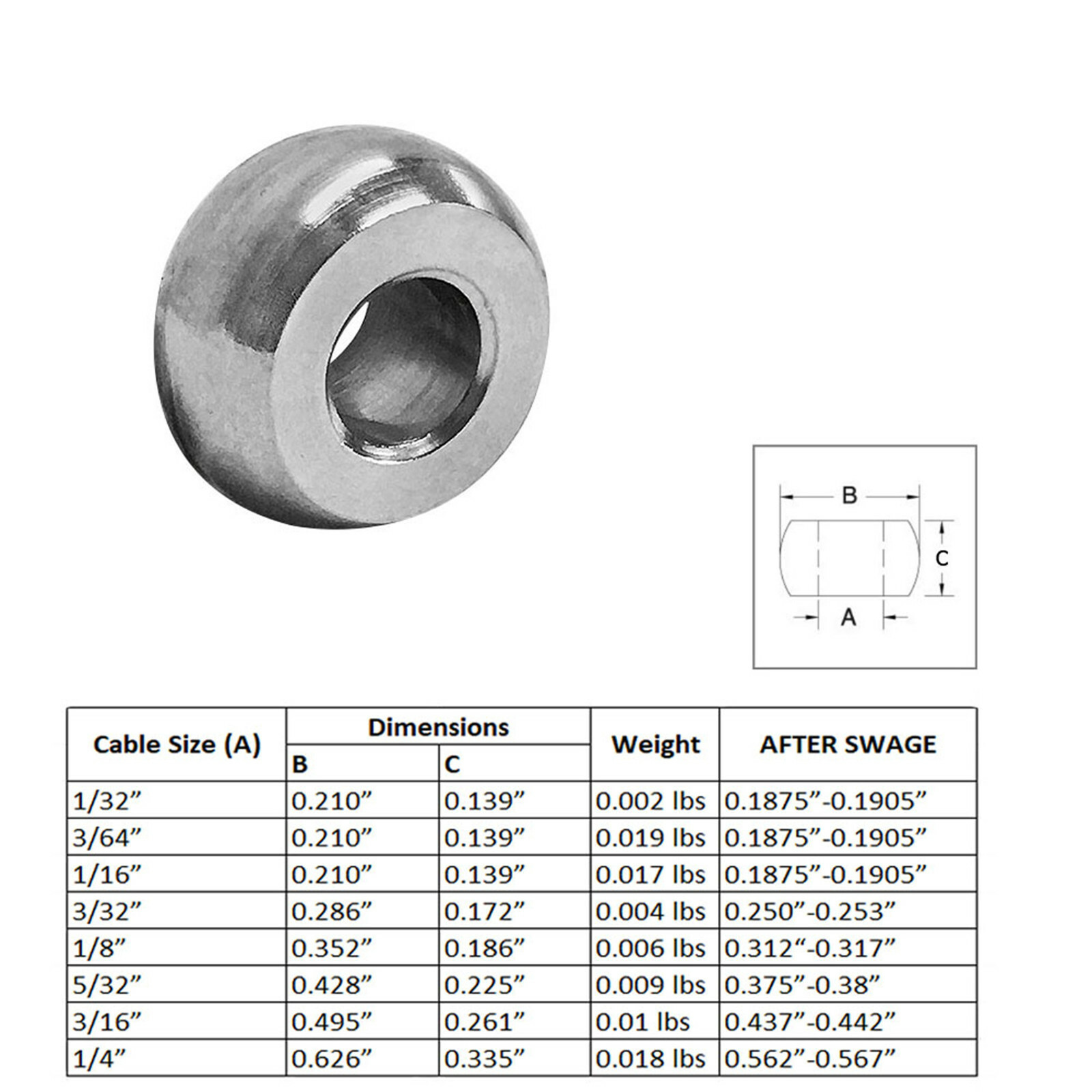 10Pc Plain Ball Swage Fitting 3/64" SS316 Industrial Wire Rope Terminal ...
