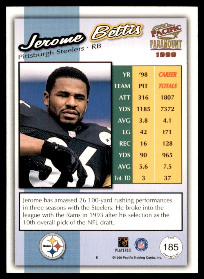 1999 Pacific Paramount Jerome Bettis Pittsburgh Steelers #185 | eBay
