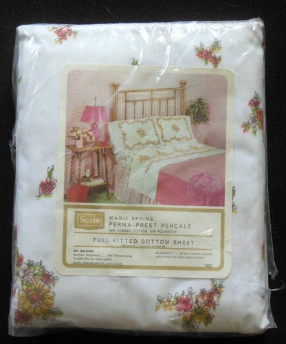 Sears Vintage Sheet Floral on White Perma Prest Percale Full Fitted NIP ...