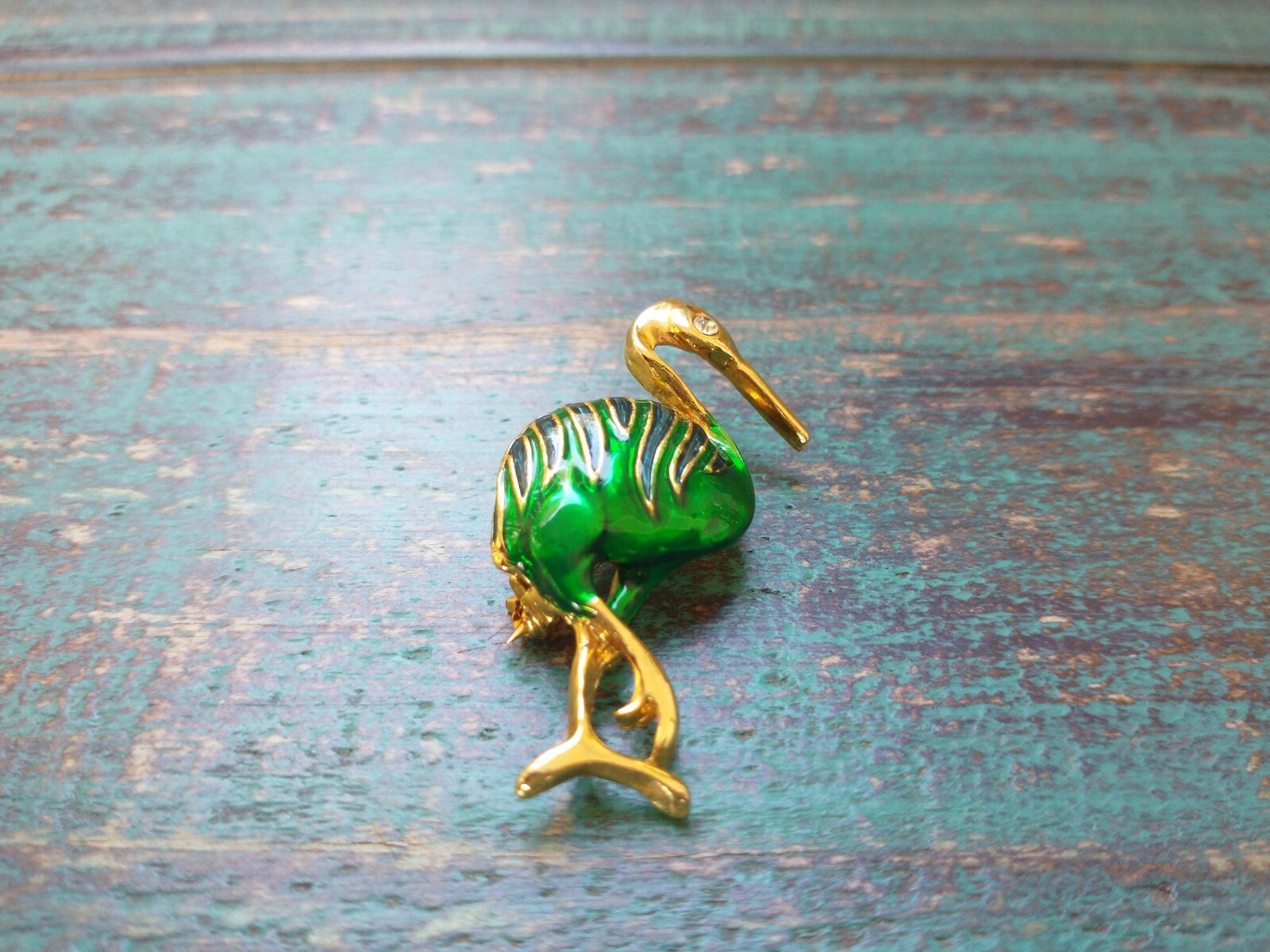 Vintage Signed Flamingo/Stork/Heron Bird Green Blue Enamel Rhinestone ...