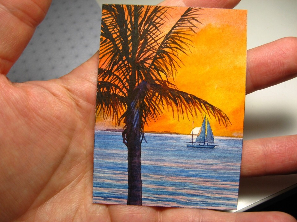 Watercolor Painting Palm Tree Ocean Sunset Sailboat Seascape ACEO Art ...