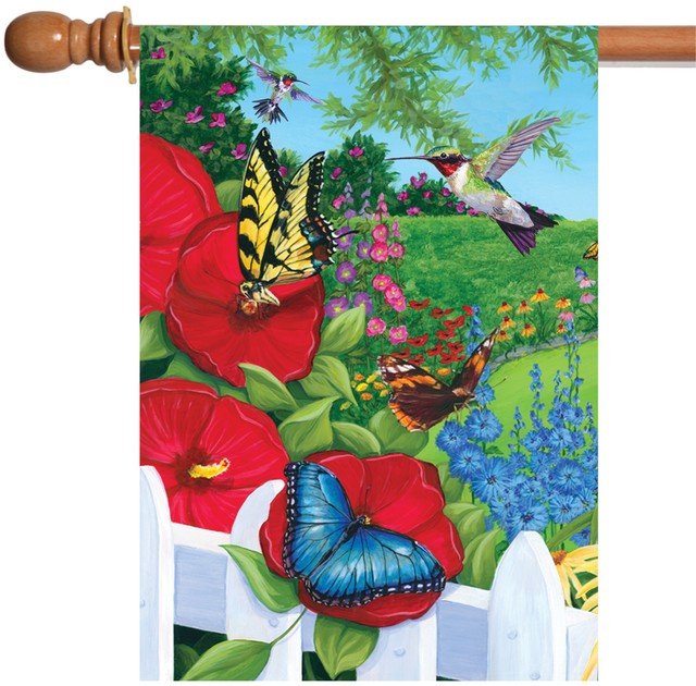 Large Toland Flag Garden Frenzy Hummingbird Butterflies Hibiscus 28 X ...