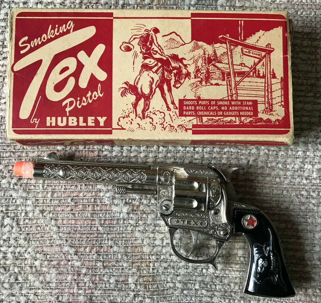 VINTAGE HUBLEY TOY SMOKING TEX CAP PISTOL GUN WITH BOX - Gem