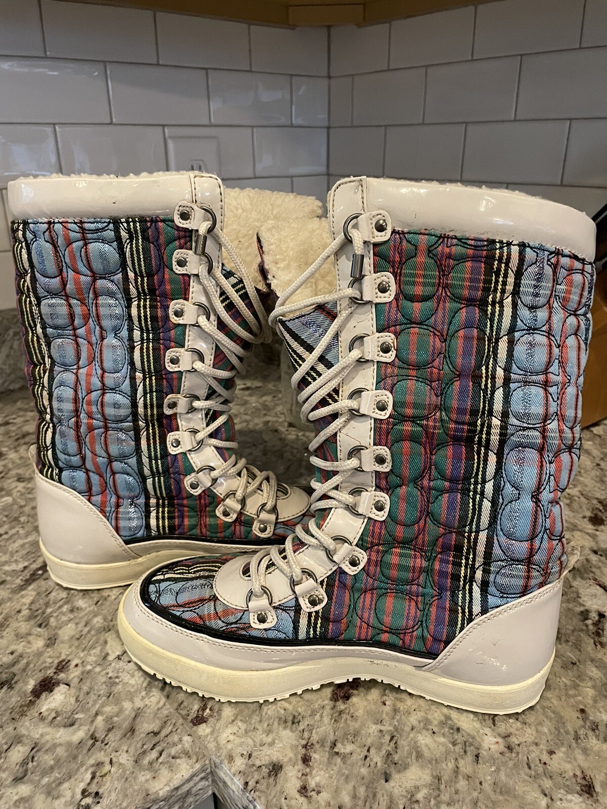 Coach "Peggey" Snow Boots Multi Color Logo Tartan Plaid Women's Size 7B ...