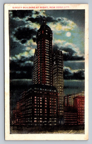 Postcard New York City Singer Building at Night White Border Unposted ...
