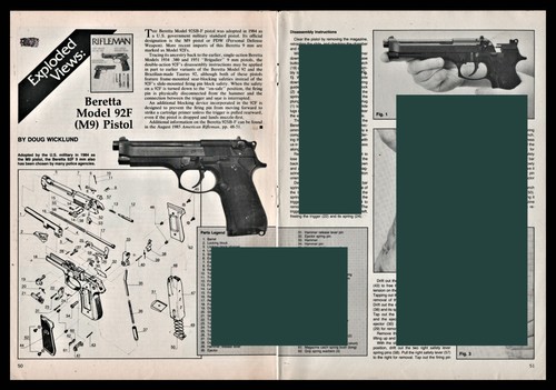 1988 BERETTA Model 92F M9 Pistol Exploded View Parts List 2-pg Assembly ...
