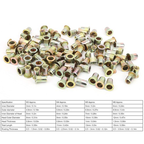 100Pcs Rivet Nut Color Zinc Plated Flat Head Threaded Nutsert Kit ...