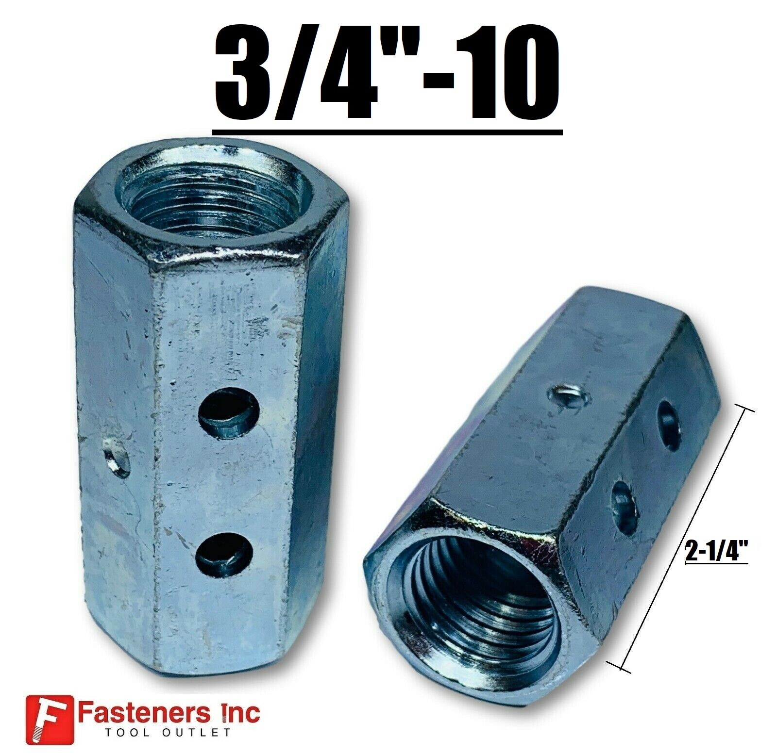 3/4"-10 x W1" x L 2-1/4" Hex Threaded Rod Coupling Nut Zinc w Witness ...