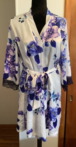 Womens Linea Donnatella Satin Purple Blue Short Robe Sheer Trim Lace S ...