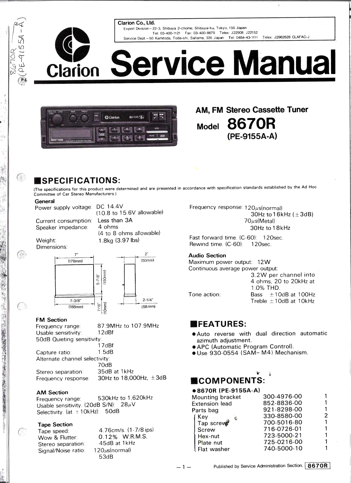 CLARION 8670R (PE-9155A-A), AM/FM STEREO CASSETTE TUNER, SERVICE MANUAL ...