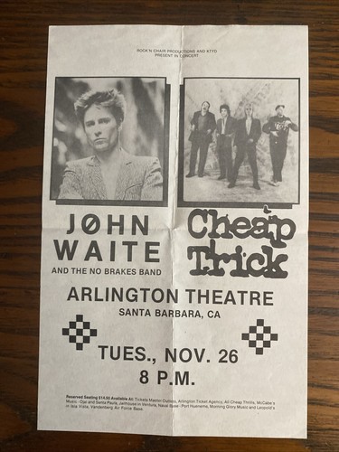 CHEAP TRICK JOHN WAITE 1985 handbill poster Arlington Thtre Santa ...