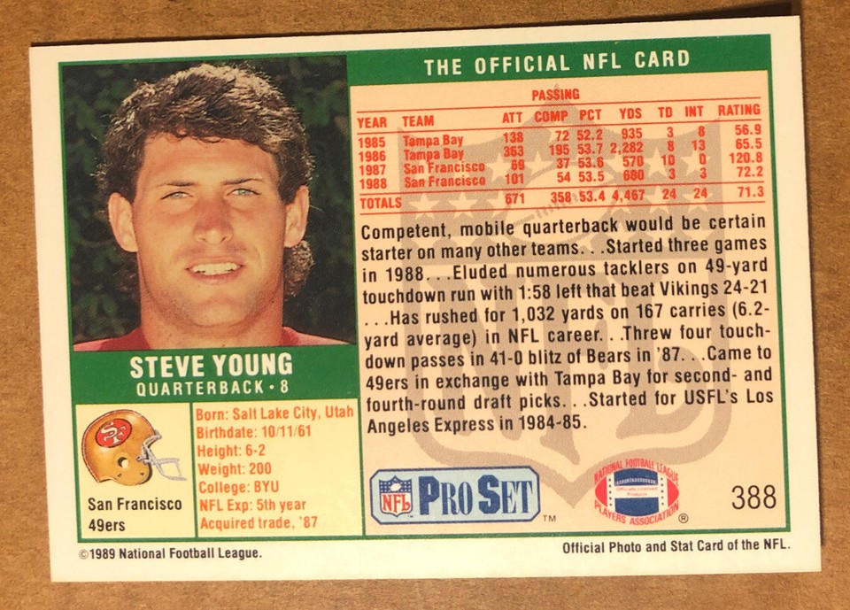 Steve Young 1989 NFL Pro Set Card #388 MINT (BIGJ’S) San Francisco ...