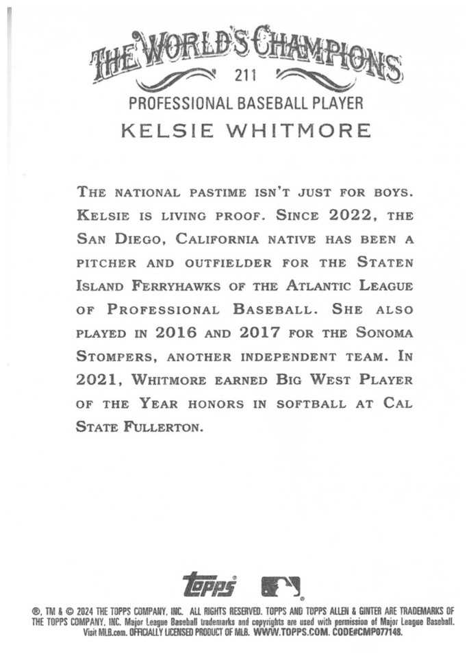 2024 Topps Allen & Ginter #211 Kelsie Whitmore - Atlantic League ...