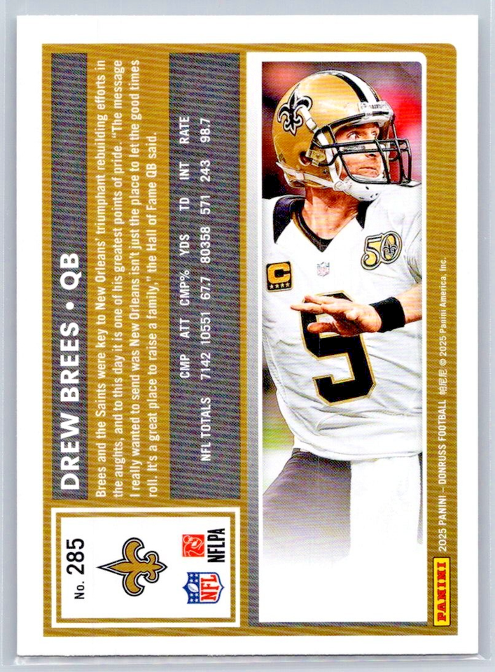 2025 Donruss Football - Drew Brees - New Orleans Saints - Base - #285 ...